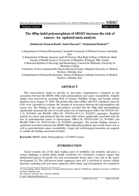 Pdf The 40bp Indel Polymorphism Of Mdm2 Increase The Risk Of Cancer An Updated Meta Analysis