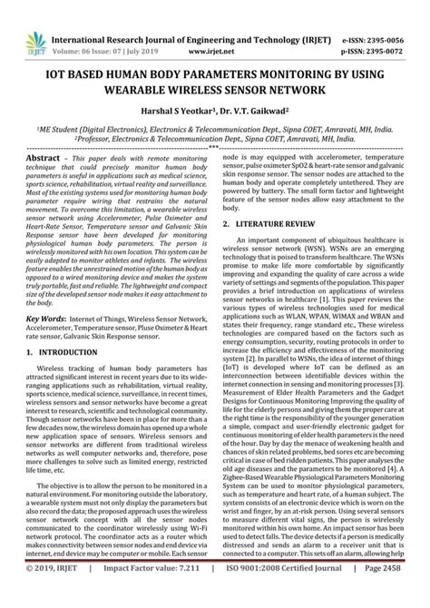 Irjet Iot Based Human Body Parameters Monitoring By Using Wearable Wireless Sensor Network Pdf