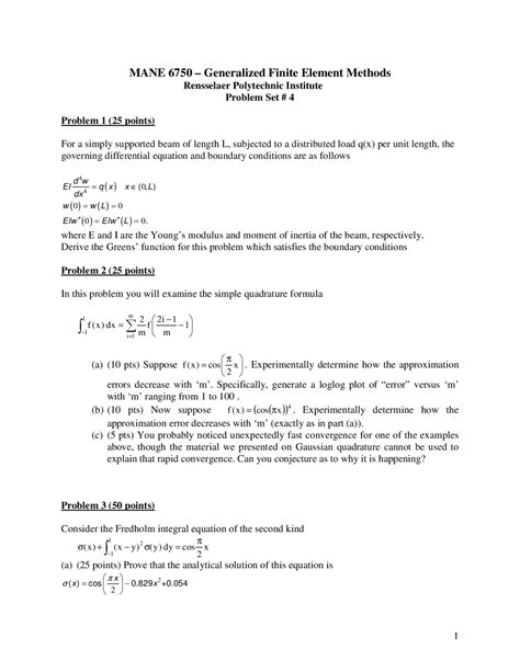 problems set 4 questions generalized finite element methods mane