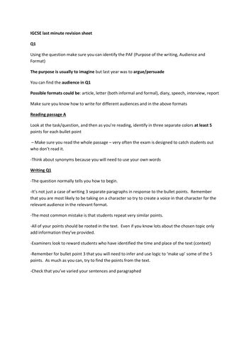 Igcse Exam Revision Sheet Teaching Resources