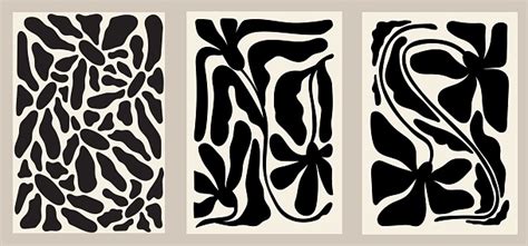 추상 꽃 예술 세트 또는 컬렉션 트렌디하고 순진한 복고풍 스타일의 꽃무늬 유기농 낙서 모양 현대 포스터 또는 플래카드 및 배경 검은 색의 꽃 식물 벡터 그림입니다 0명에