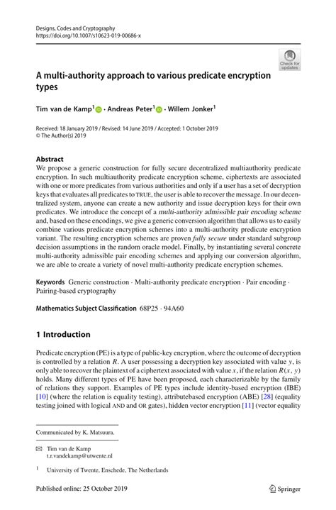 PDF A Multi Authority Approach To Various Predicate Encryption Types
