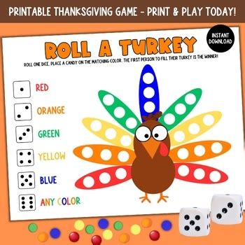 Roll A Turkey Dice Game Printable Thanksgiving Activity For Classroom