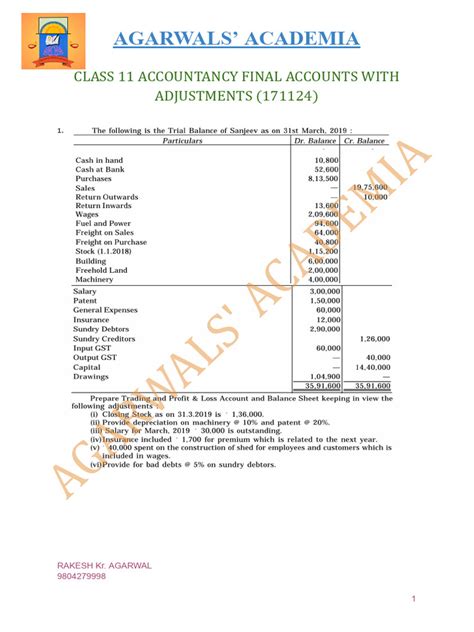 Class 11 Final Accounts Adjustments Pdf