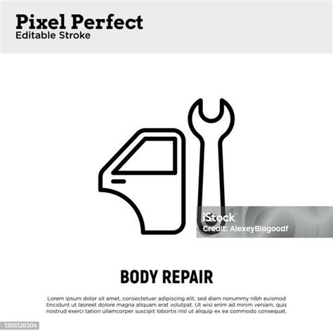 자동차 서비스 자동 바디는 얇은 라인 아이콘을 수리합니다 자동차 문과 렌치 픽셀 완벽 편집 가능한 스트로크 벡터 그림입니다