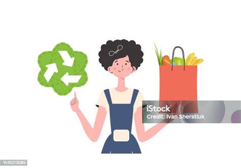 여자는 허리 깊숙이 보이고 손에 건강 식품 가방을 들고 Eko 아이콘을 보여줍니다 격리 플랫 트렌디 한 스타일 벡터 가방에 대한 스톡 벡터 아트 및 기타 이미지 Istock