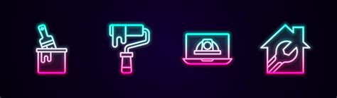 브러시 롤러 작업자 안전 헬멧 및 하우스 렌치 스패너가있는 세트 라인 페인트 버킷을 설정합니다 빛나는 네온 아이콘 벡터 건설 산업에 대한 스톡 벡터 아트 및 기타 이미지