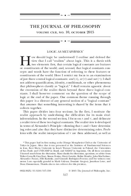 Pdf Logic As Metaphysics