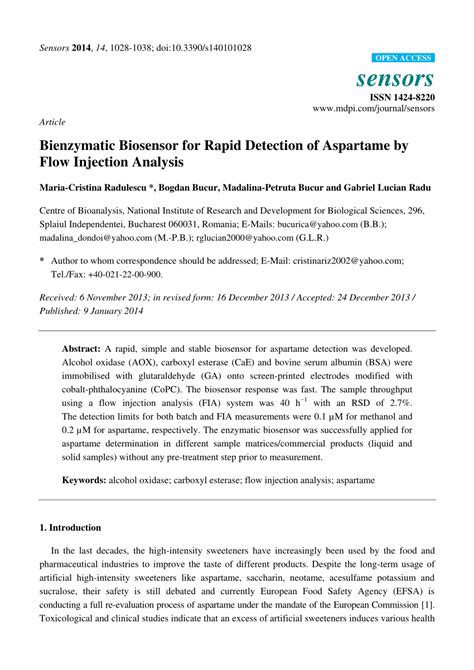 Pdf Bienzymatic Biosensor For Rapid Detection Of Aspartame By Flow Injection Analysis