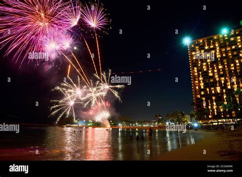 Weekly Firework Display Over Touristy Beach And Waterfront In Front Of