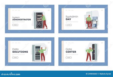 Sysadmin Working Landing Page Template Set Male Character Doing Technical Work With Server Rack