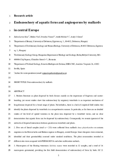 Pdf Endozoochory Of Aquatic Ferns And Angiosperms By Mallards In