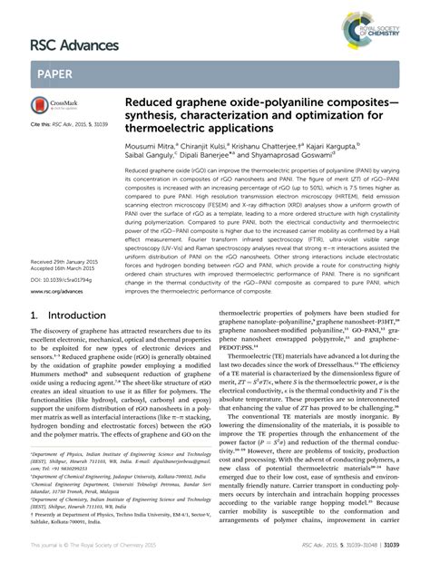 Pdf Reduced Graphene Oxide Polyaniline Composites Synthesis Characterization And