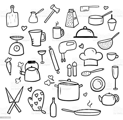 주방 도구 낙서 세트 흰색 배경에 고립 된 요리 아이콘 컬렉션 레스토랑 메뉴 조리법 책 및 벽지를위한 벡터 일러스트레이션 낙서 드로잉에 대한 스톡 벡터 아트 및 기타 이미지