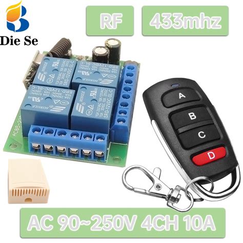 โมดูลรีเลย์รับสัญญาณ 433mhz สวิตช์ไร้สาย rf ac 110v 220v 10a 4ch และตัว