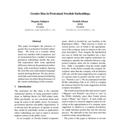 Gender Bias In Pretrained Swedish Embeddings Acl Anthology