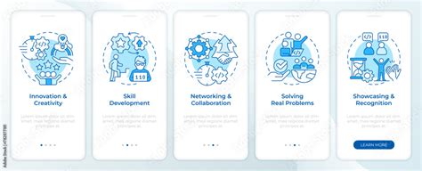 Hackathon Benefits Blue Onboarding Mobile App Screen Advantages Walkthrough 5 Steps Editable
