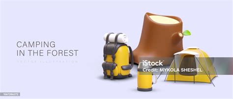 숲에서 캠핑 거대한 현실적인 나무 그루터기 노란 텐트 보온병 배낭 3차원 형태에 대한 스톡 벡터 아트 및 기타 이미지 3차원 형태 갈색 걷기 Istock
