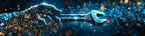 Blue Digital Hand Holding Wrench Spanner With Glowing Binary Code Ai In Maintenance Management