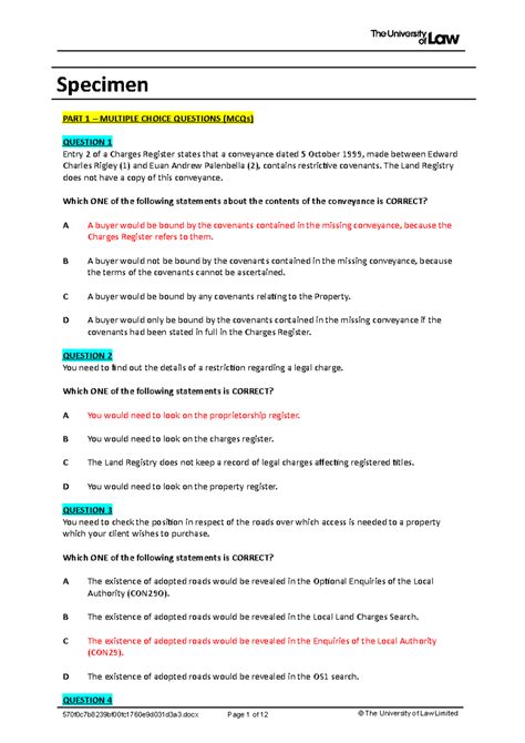 Speciman Paper Possible Answers To The LPC Exam Specimen PART 1 MULTIPLE CHOICE QUESTIONS