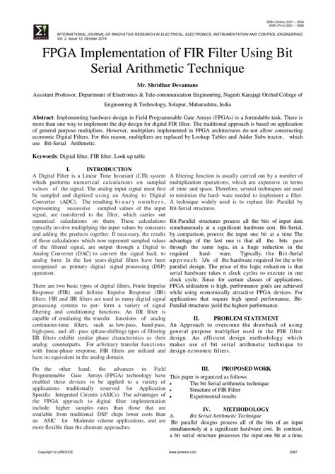 Pdf Fpga Implementation Of Fir Filter Using Bit Serial Arithmetic