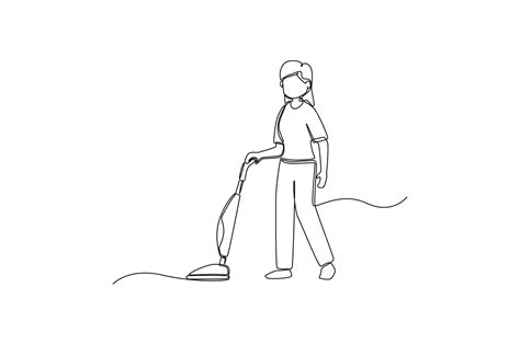 연속 한 줄 그리기 방에 진공 청소기로 바닥을 청소하는 여성 청소부 사무실 청소 서비스 개념 한 줄 그리기 디자인 벡터 그래픽 그림 프리미엄 벡터