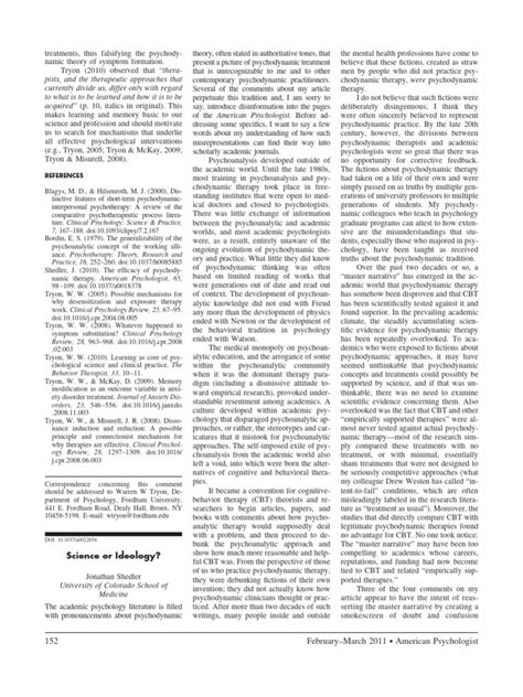 Shedler 2011 Science Or Ideology Pdf Psychotherapy Psychoanalysis