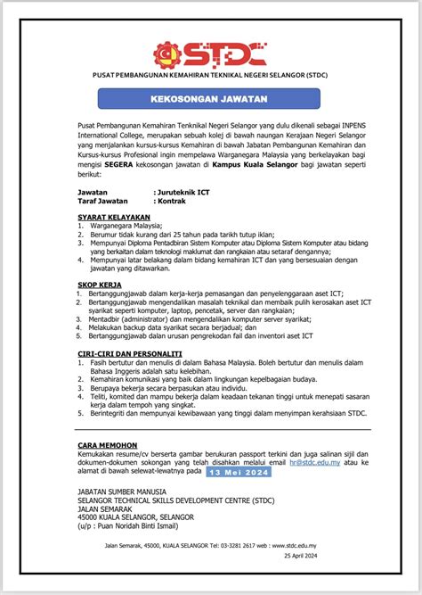 Iklan Jawatan Selangor Technical Skills Development Centre • Jawatan Kosong Terkini