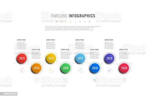 흰색 배경에 둥근 요소 연도 표시기 및 텍스트 상자가 있는 수평 타임라인 인포그래픽입니다 사실적인 3d 용지 컷 디자인 현대 벡터 회사 프리젠 테이션 슬라이드 템플릿 0명에