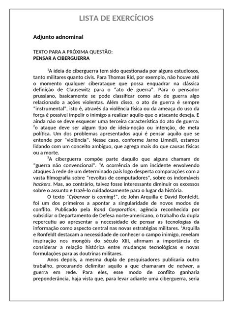 Lista De Exercicios Adjunto Adnominal Pdf Assunto Gramática Pronome