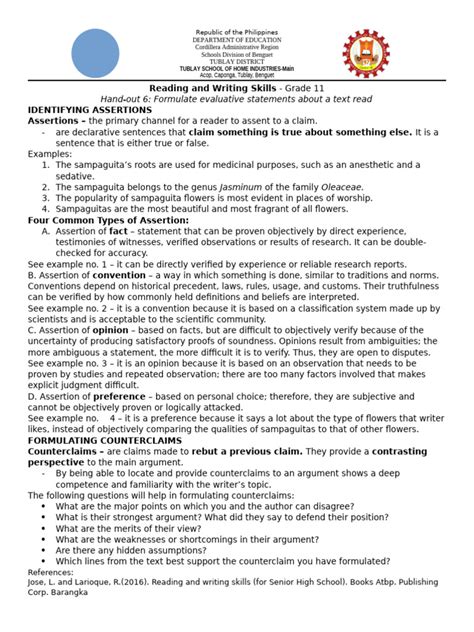 Handout 6 Formulate Evaluative Statements About A Text Read Pdf Epistemology Logic