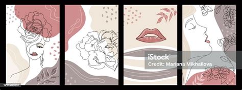 벡터 여자 초상화 한 줄 그리기 추상 미니멀 카드 세트 잎과 꽃 배경 연속 라인 아트 여성 초상화와 꽃 아름다움과 패션 개념 개념에 대한 스톡 벡터 아트 및 기타 이미지