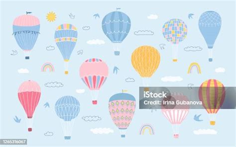 로맨틱한 풍선 구름 새 무지개의 다양한 파스텔 색상 어린이 방 디자인 직물 초대장 인사말 카드에 대한 아이콘 세트 벡터 일러스트레이션 구름에 대한 스톡 벡터 아트 및 기타