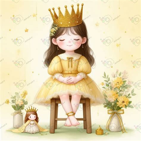 بک گراند کودکانه دختر کوچولوی ناز با لباس و تاج طلایی با عروسک نشسته روی چارپایه کد 41036 ویژه