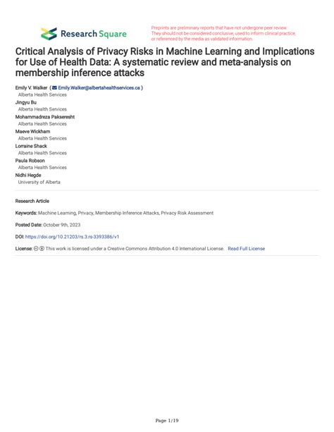 Pdf Critical Analysis Of Privacy Risks In Machine Learning And Implications For Use Of Health