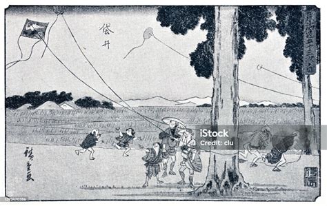 Japan People Flying Kites Stock Illustration Download Image Now Kite Toy Archival Retro