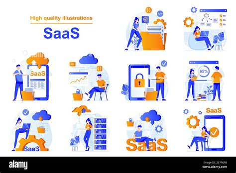 Saas Web Concept With People Scenes Set In Flat Style Bundle Of Using Programs With