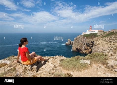 Algarve Portugal Woman Lighthouse Lighthouses Coast Seashore Sea Coasts