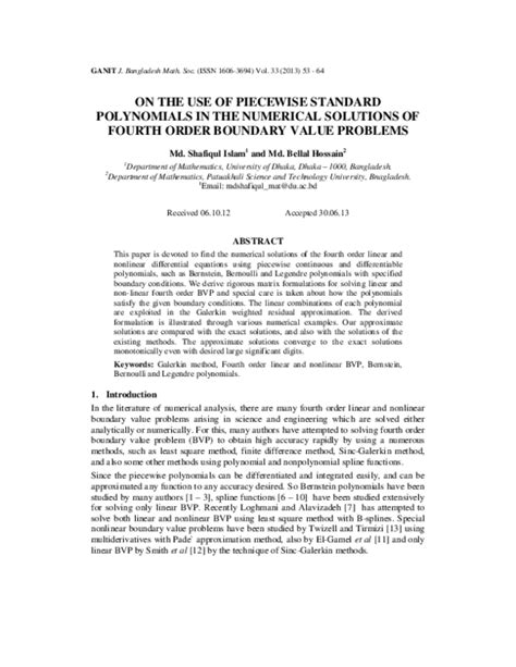Pdf On The Use Of Piecewise Standard Polynomials In The Numerical Solutions Of Fourth Order