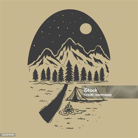 모험 야생 생활 산 캠핑 텐트 숲 실루엣이 있는 빈티지 디자인 포스터 배너 엠블럼 기호 벡터 일러스트레이션 0명에 대한 스톡 벡터 아트 및 기타 이미지 Istock