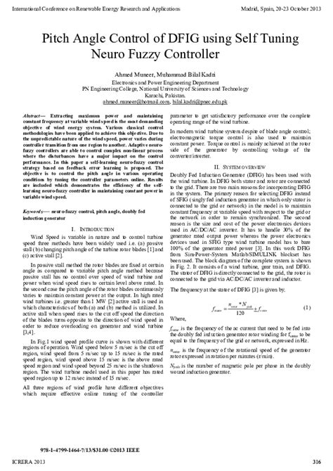 pdf pitch angle control of dfig using self tuning neuro fuzzy controller