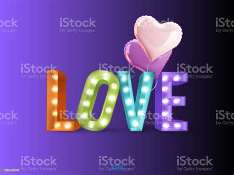 백열 램프와 함께 빈티지 레트로 편지입니다 단어 사랑입니다 빨간 하트 모양의 풍선 벡터 휴가 그림 해피 발렌타인의 날 3차원 형태에 대한 스톡 벡터 아트 및 기타 이미지