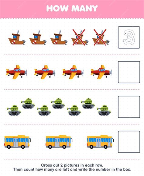 어린이를 위한 교육 게임은 귀여운 만화 배 비행기 탱크 버스의 수를 세고 상자 인쇄 가능한 운송 워크시트에 숫자를 씁니다 프리미엄 벡터