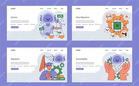 윤리 웹 또는 랜딩 세트 인공 지능 조정 및 규제 책임 프리미엄 벡터