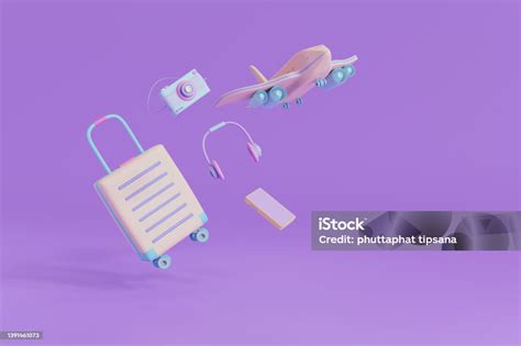 3d 렌더링 일러스트 레이 션 모형 카메라 여행 가방 항공기 헤드폰 스마트 폰 여행 액세서리 보라색 배경 여름 여행 휴가 휴가 비행기 비행 운송업자 최소 여행 개념 수하물에