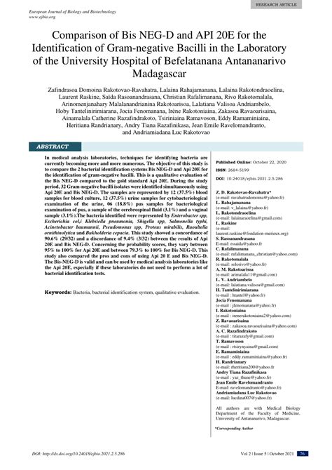Pdf Comparison Of Bis Neg D And Api 20e For The Identification Of Gram Negative Bacilli In The
