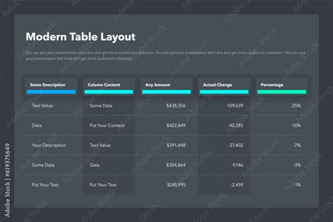 Modern Table Layout Template With A Five Colorful Columns Dark Version Simple Flat Template
