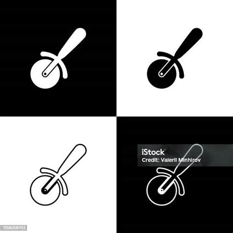 검은 색과 흰색 배경에 격리 피자 나이프 아이콘을 설정합니다 피자 커터 기호입니다 강철 주방 용품 장비 벡터 일러스트레이션 강철에 대한 스톡 벡터 아트 및 기타 이미지