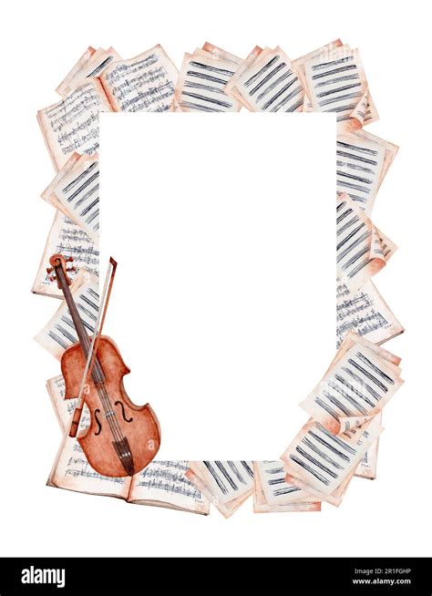 Frame With Music Notes And Violin Isolated On White Background Watercolor Illustration With