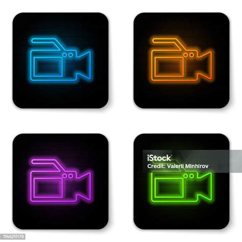 빛나는 네온 시네마 카메라 아이콘 흰색 배경에 고립 비디오 카메라 영화 기호입니다 필름 프로젝터 검은색 사각형 단추입니다 벡터